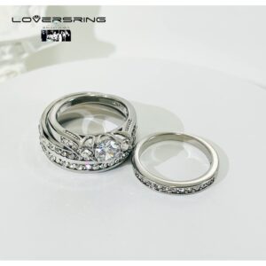 LOVERSRING Couple Ring Bridal Set His Hers White Gold Plated CZ Stainless Steel Wedding Ring Band Set