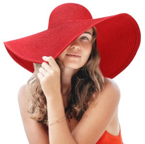 assqi beach summer wide sun foldable hat for women red