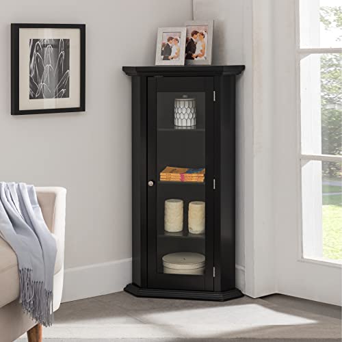 Kings Brand Furniture - Corner Curio Storage Cabinet with Glass Door, Black Finish