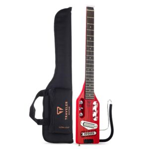 traveler guitar ultra-light torino red electric guitar | small electric guitar with removable lap rest | full 24 3/4" scale travel guitar | portable mini guitar | headless guitar with custom gig bag