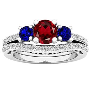 Dazzlingrock Collection 5.5 MM Round Garnet,Blue Sapphire & Diamond Wedding Ring Set in 10K White Gold, Size 6.5