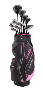 aspire pro-x ladies womens complete right handed golf clubs set includes titanium f driver, 3 fairway wood, 4-5 hybrids, 7-sw irons, putter, cart bag, 4 h/c's (regular size, right hand)