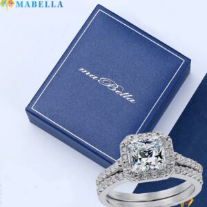 MABELLA Women’s 1.8 Ct Princess Cut 925 Sterling Silver Cubic Zirconia Wedding Engagement Ring Set Bridal Ring Band,Size 6