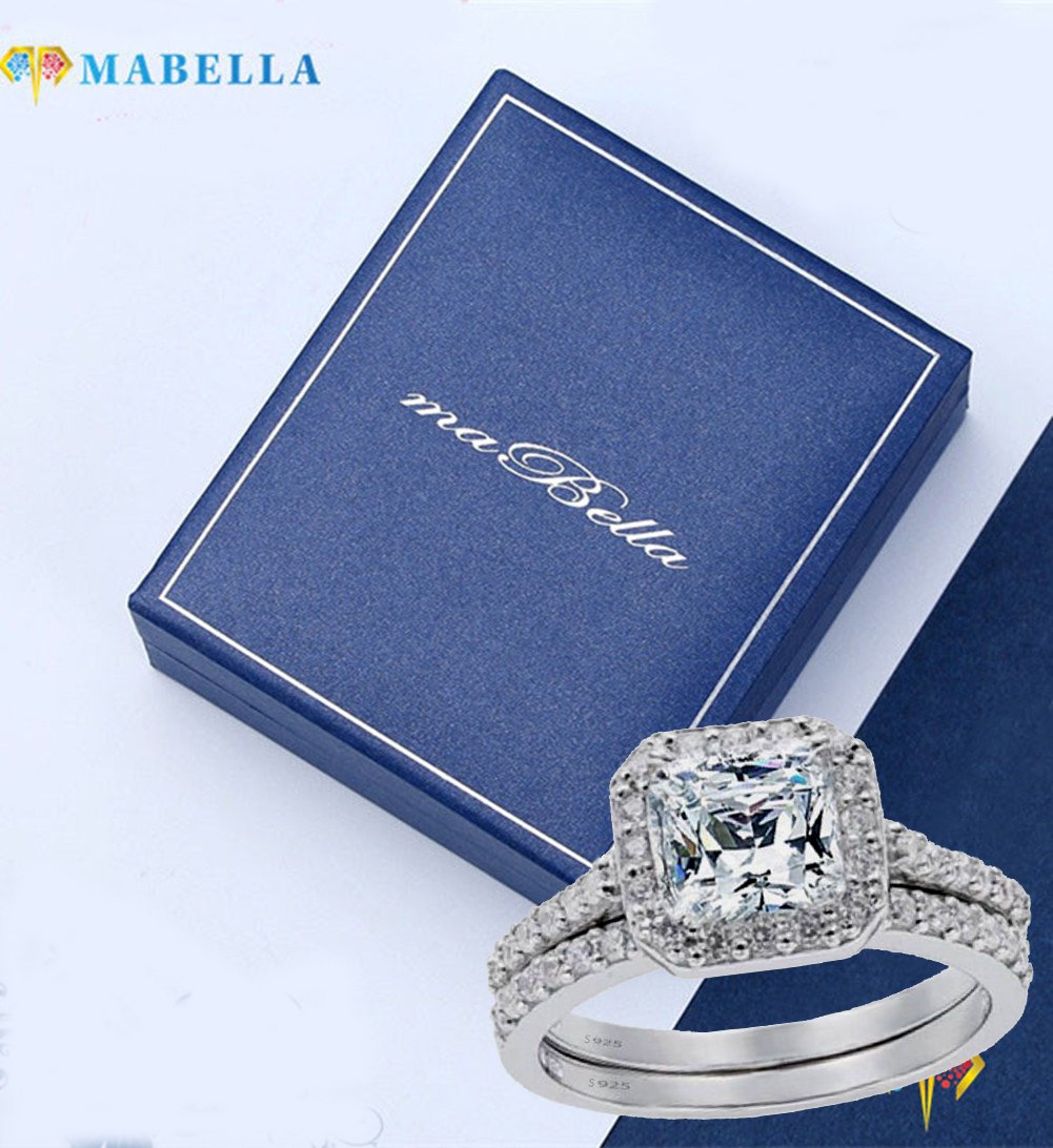 MABELLA Women’s 1.8 Ct Princess Cut 925 Sterling Silver Cubic Zirconia Wedding Engagement Ring Set Bridal Ring Band,Size 6