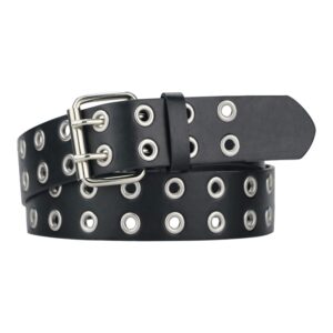 macoking womens belts for jeans, studded double grommets leather black belt women men-m