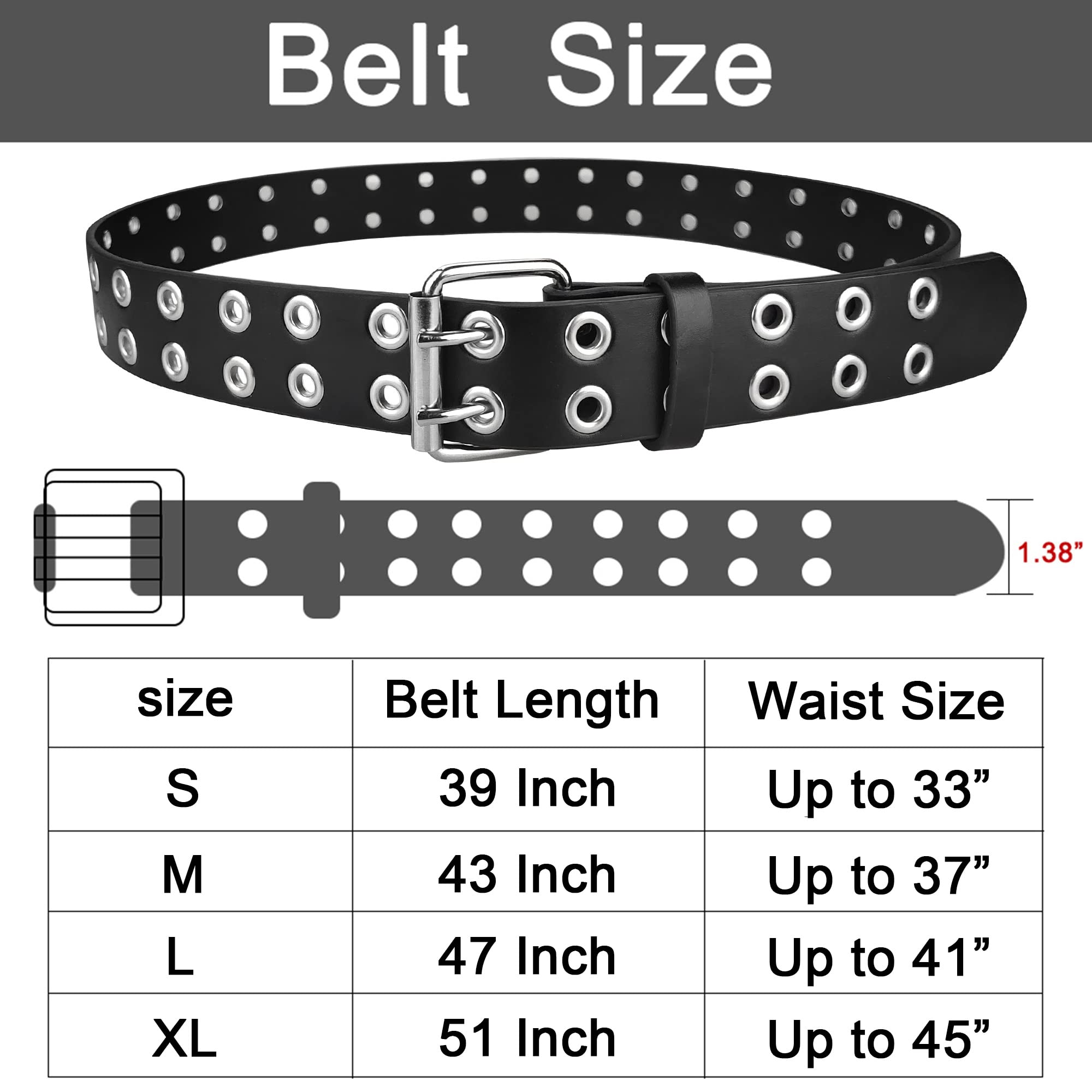 macoking Womens Belts for Jeans, Studded Double Grommets Leather Black Belt Women Men-M