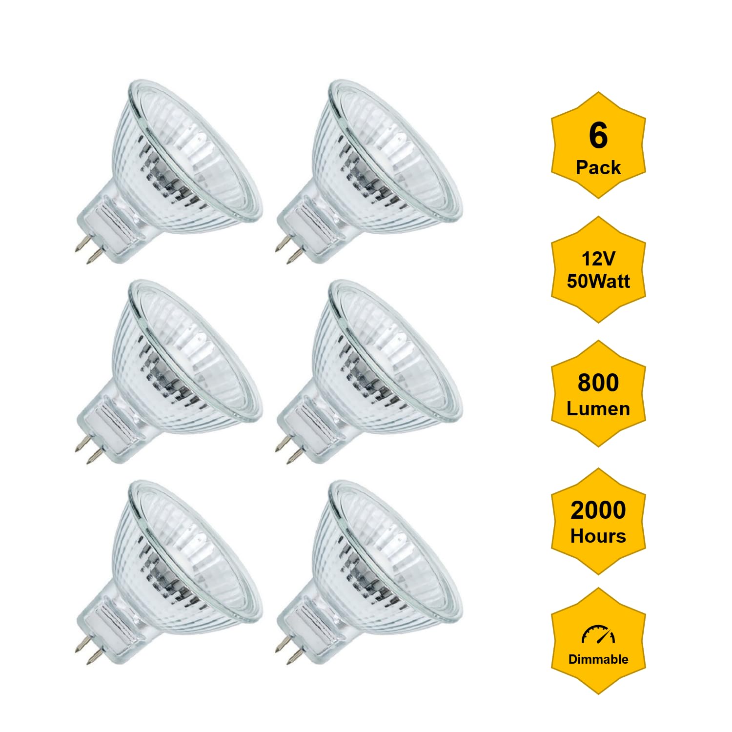 Phoenimax 6PCs MR16 12V 50W 800LM Halogen Bulb GU5.3 EXN Professional Quartz dichroic Reflector UV Stop Tempered Glass Cover dimmable for spot Lights Warm White 3000K