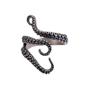 brbam adjustable punk style octopus tentacle ring unisex devilfish jewelry gift (silver)