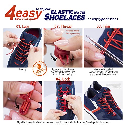 DIAGONAL ONE 2 Pairs Elastic Shoe Laces, No Tie Shoelaces Adults, No Tie Shoe Laces for Kids, Lock Laces, Shoe Laces for Sneakers No Tie (Black)