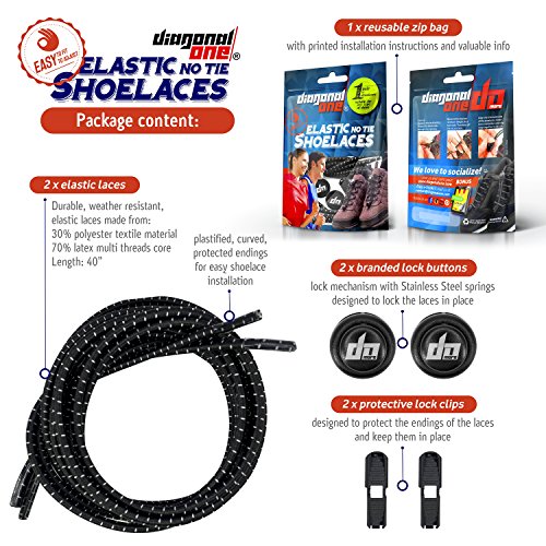 DIAGONAL ONE 2 Pairs Elastic Shoe Laces, No Tie Shoelaces Adults, No Tie Shoe Laces for Kids, Lock Laces, Shoe Laces for Sneakers No Tie (Black)