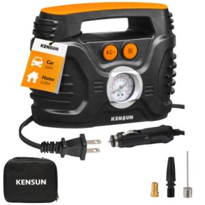 kensun ac/dc power supply portable air compressor pump with analog display to 100 psi for home (110v) and car (12v), tire inflator with adaptors for cars, trucks, bicycles, balls