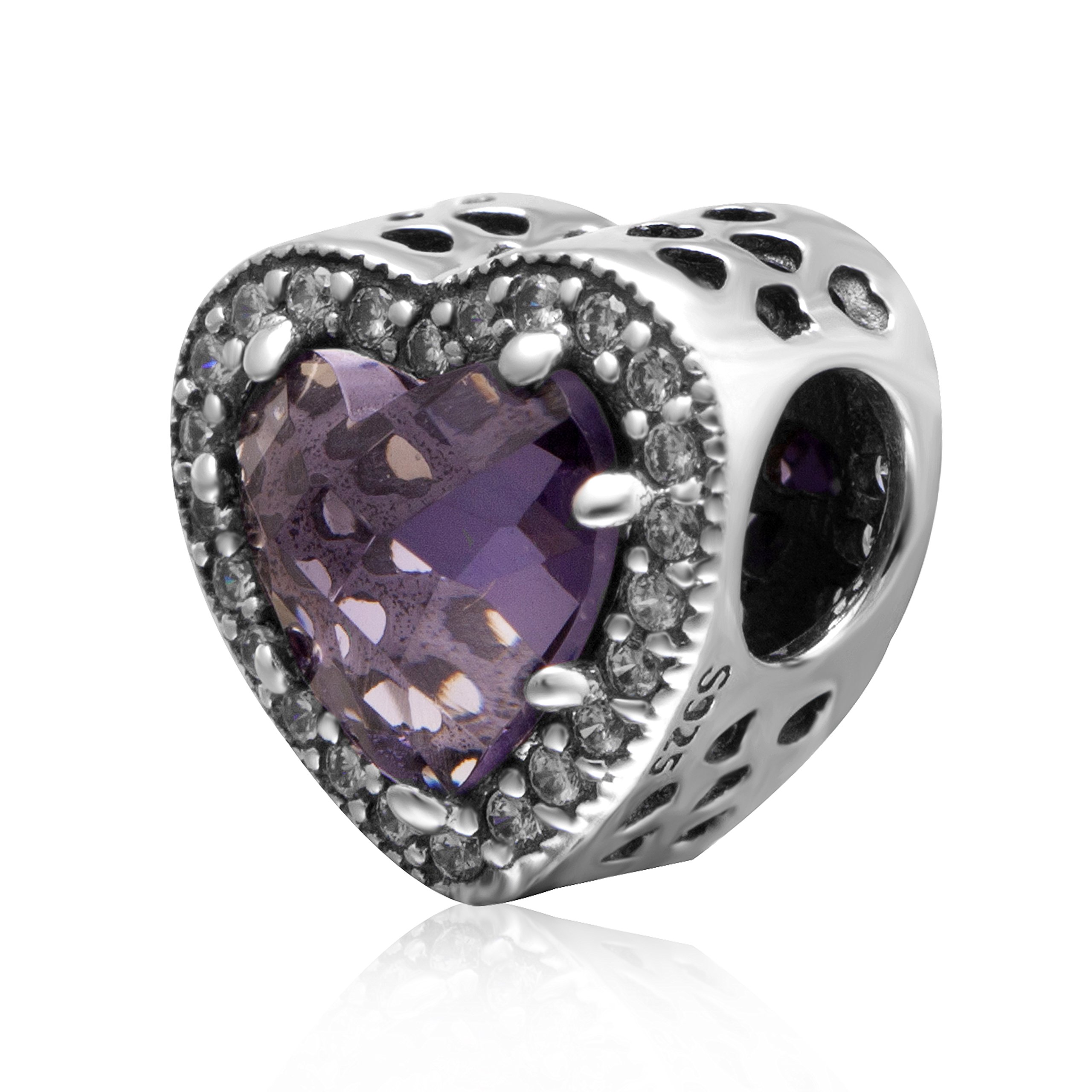 Radiant Heart Charm with Red and Clear CZ 925 Sterling Silver Love Charm for Pandora Bracelet,Valentines Gifts (Purple)