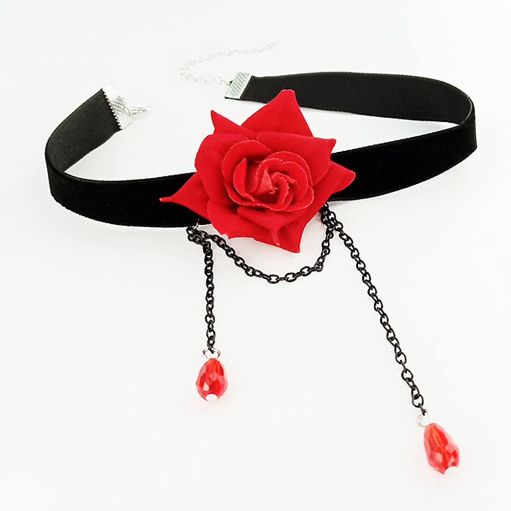 ericotry Elegant Retro Rose Flower Collarbone Chain Clavicle Necklace Gothic Lolita Black Lace Collar Choker Ornament Wedding Halloween Accessories (Red)