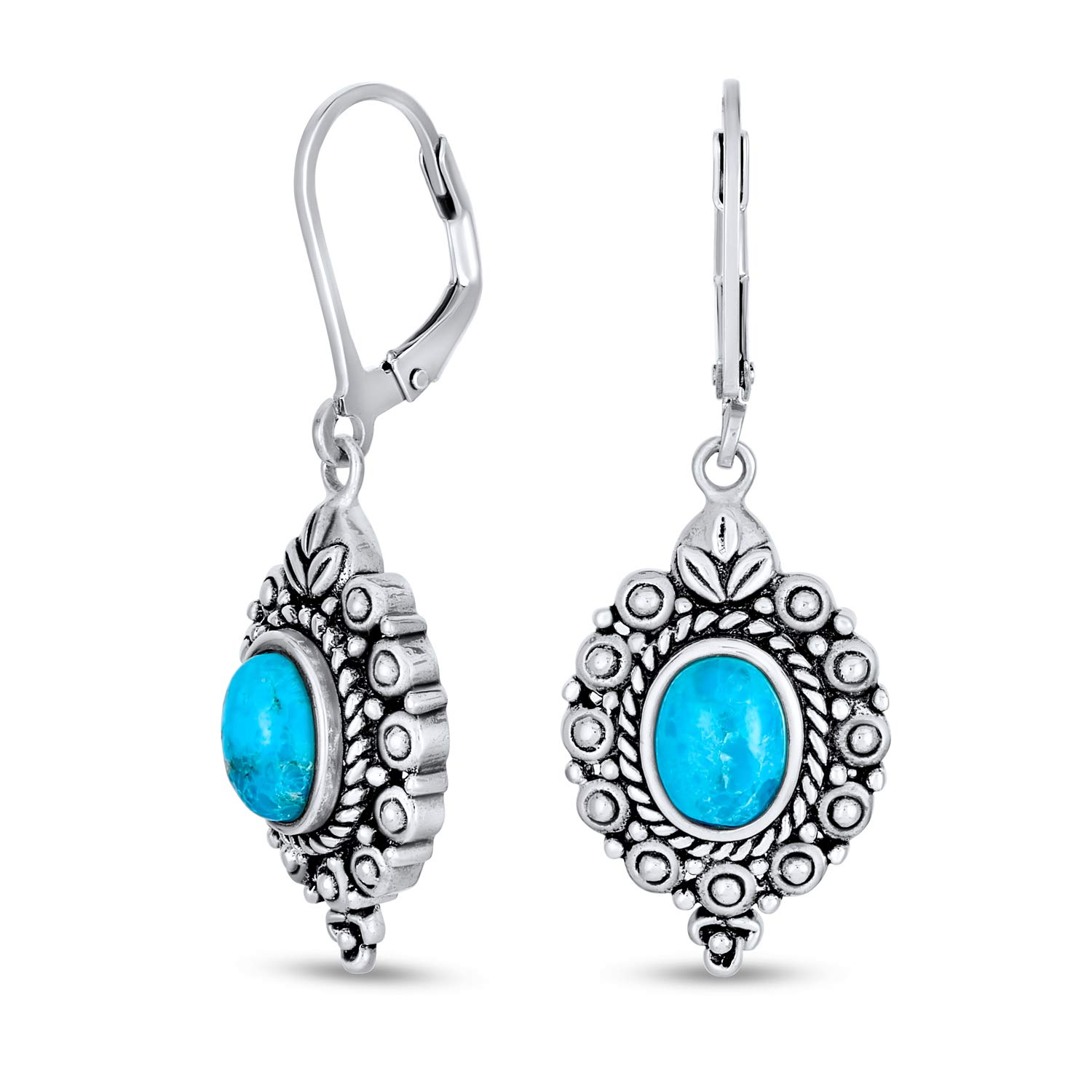 Western Style Oval Filigree Gemstone Blue Turquoise Lever Back Dangle Drop Earrings For Women Oxidized .925 Sterling Silver