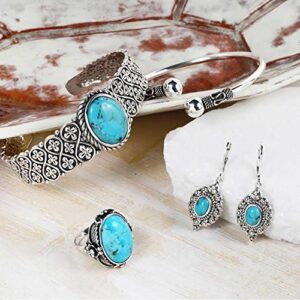 Western Style Oval Filigree Gemstone Blue Turquoise Lever Back Dangle Drop Earrings For Women Oxidized .925 Sterling Silver