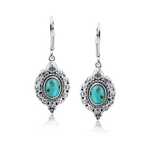 Western Style Oval Filigree Gemstone Blue Turquoise Lever Back Dangle Drop Earrings For Women Oxidized .925 Sterling Silver