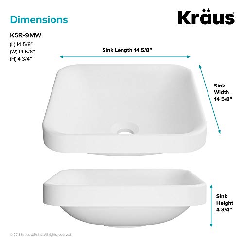 Kraus KSR-9MW Natura Bathroom Sink, Matte White, Square, Semi-Recessed