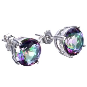 weilydf plated silver opal stud earrings, 6mm round stud earrings in white gold or rose gold for women (rainbow color-8mm)