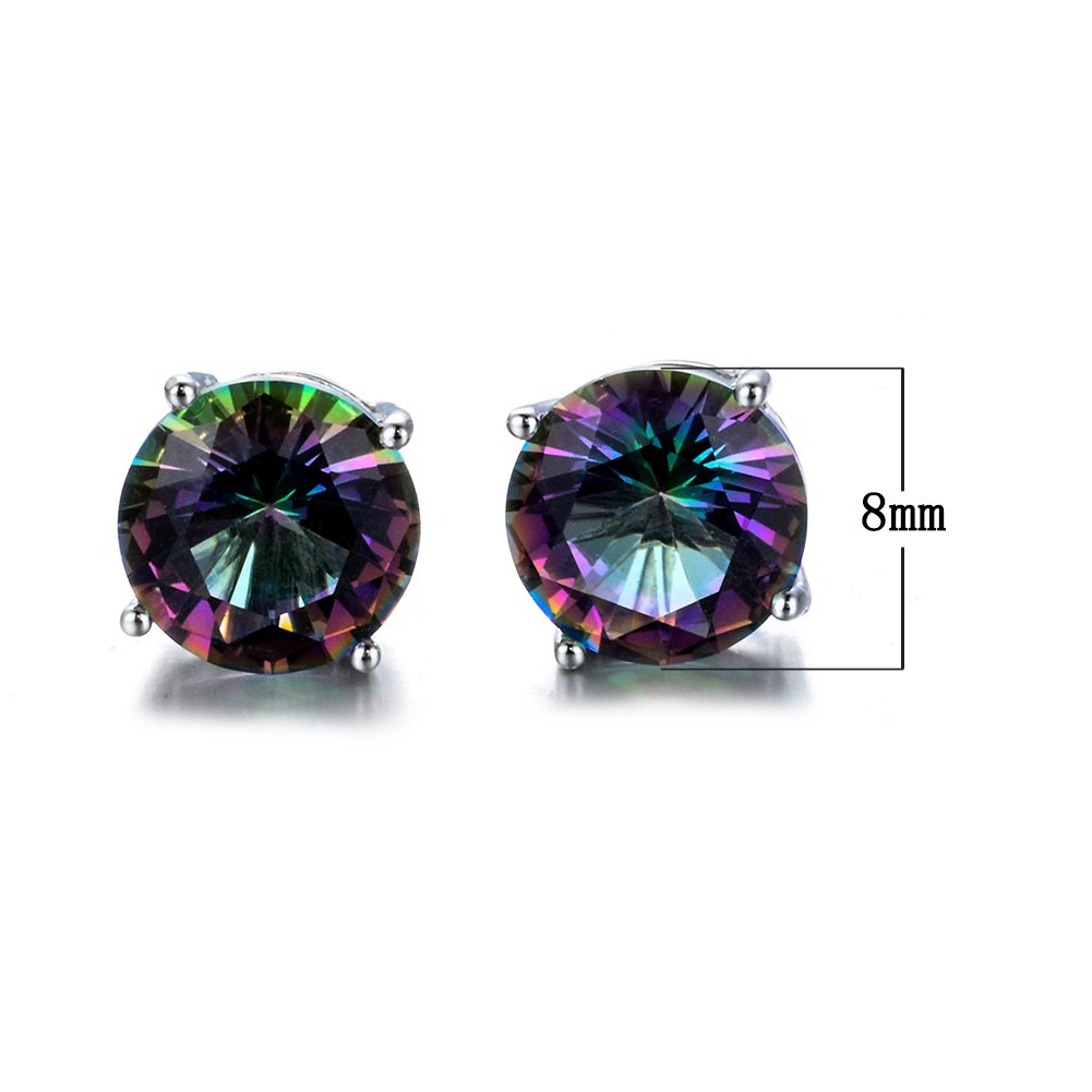 WEILYDF Plated Silver Opal Stud Earrings, 6mm Round Stud Earrings in White Gold or Rose Gold for Women (Rainbow Color-8mm)