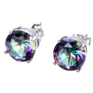 WEILYDF Plated Silver Opal Stud Earrings, 6mm Round Stud Earrings in White Gold or Rose Gold for Women (Rainbow Color-8mm)