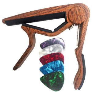 wingo classical flat guitar capo for nylon string guitars-rosewood finish with 5 picks.