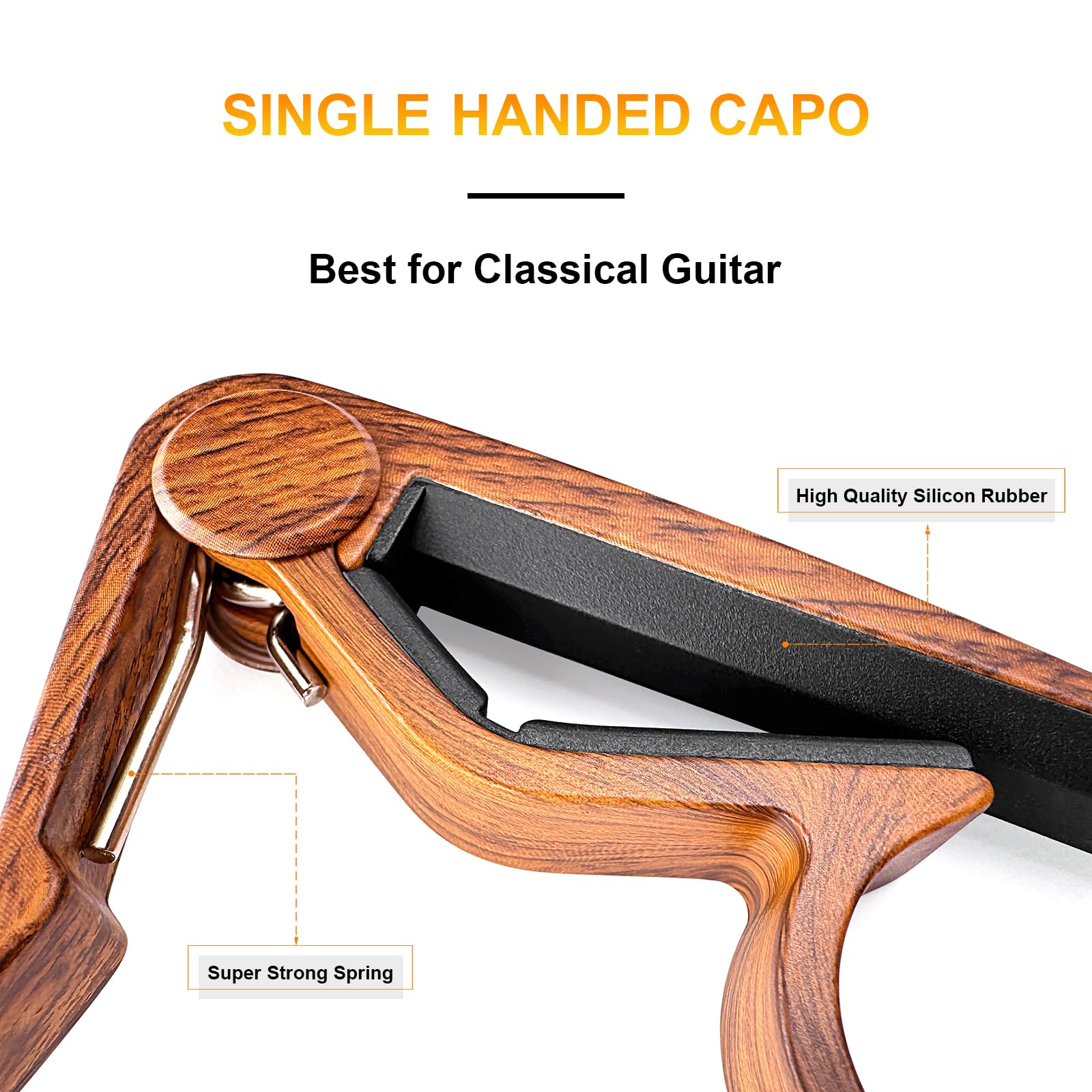 WINGO Classical Flat Guitar Capo for Nylon String Guitars-Rosewood Finish with 5 Picks.