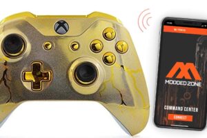 moddedzone custom modded wireless controller for xbox one s/x and pc - with unique smart mods - best for first person shooter games - handcrafted by experts in usa with unique design (gold thunder)