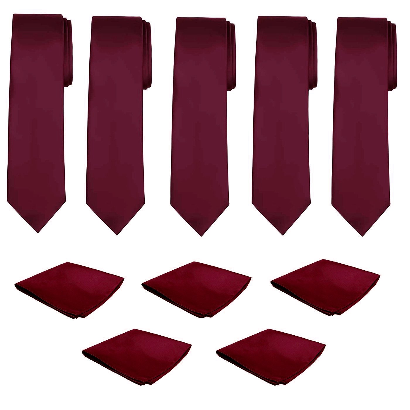 FOMANN Mens Necktie Pocket Square 10 Pcs Set Solid Color Tie and Handkerchief for Wedding (Burgundy)