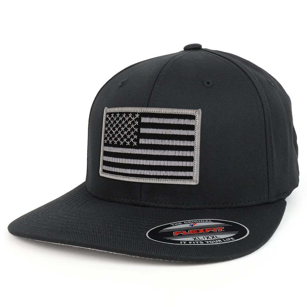 Armycrew XXL USA American Flag Embroidered Iron On Patch Flexfit Cap - BLK Gry