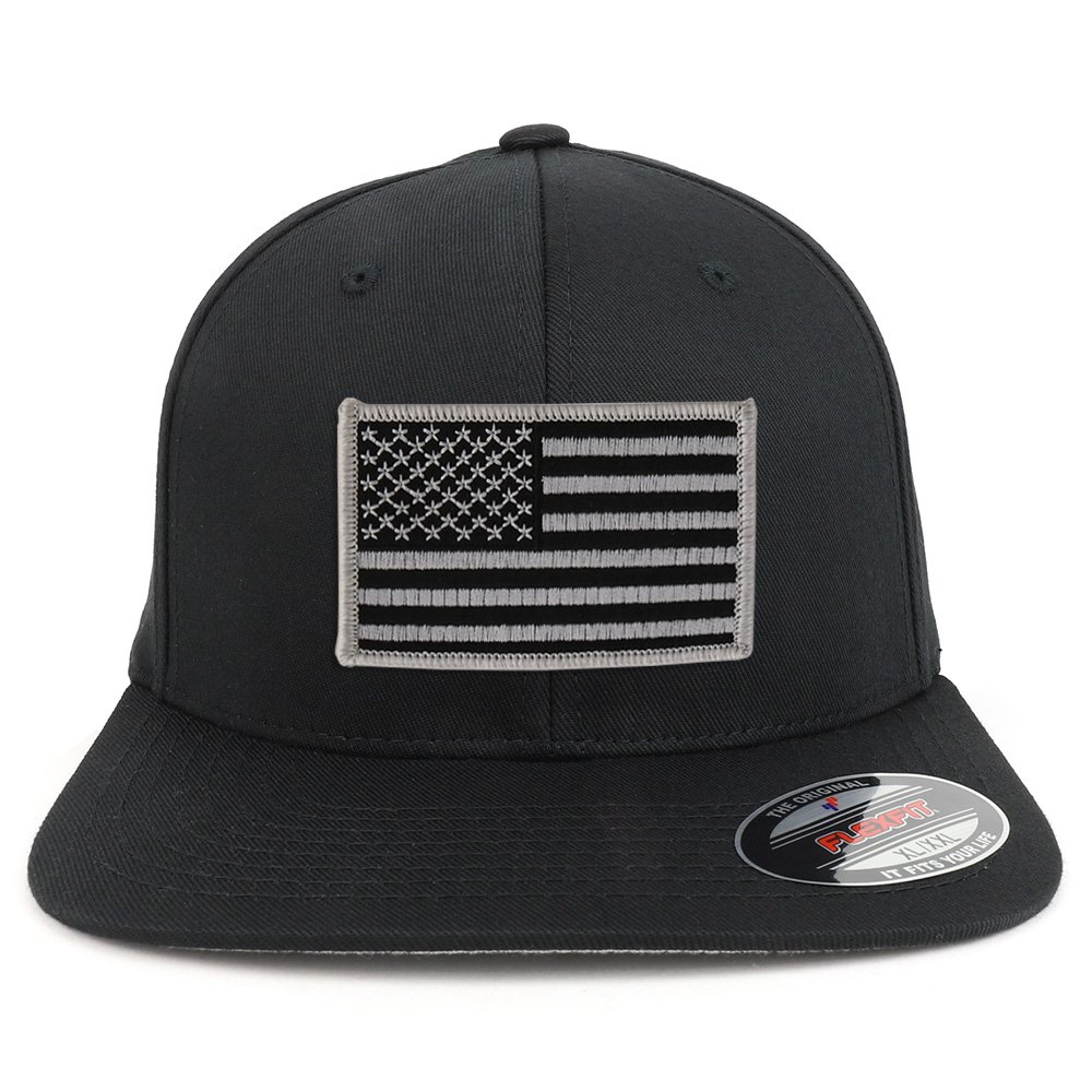 Armycrew XXL USA American Flag Embroidered Iron On Patch Flexfit Cap - BLK Gry