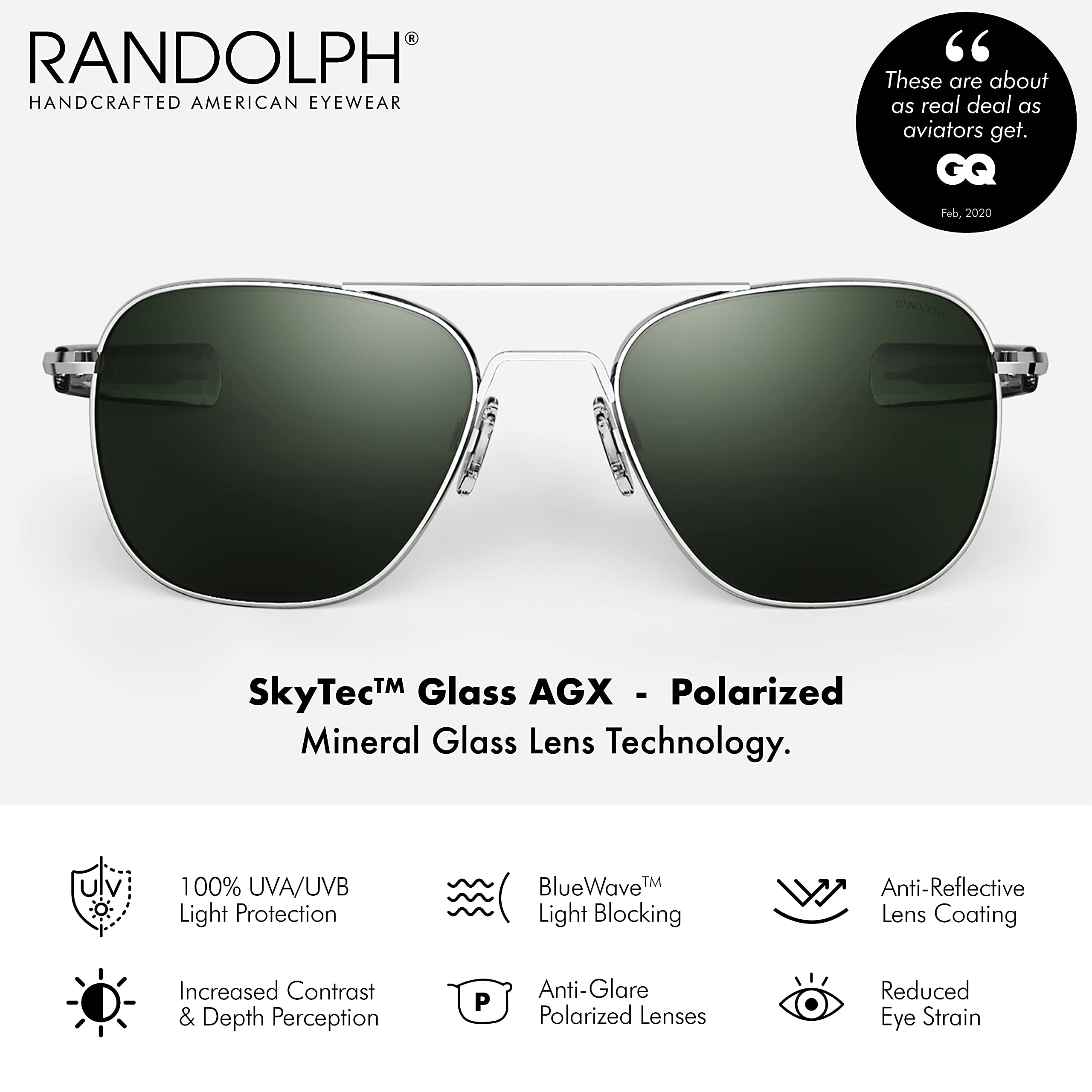 Randolph USA | Bright Chrome Classic Aviator Sunglasses for Men or Women 100% UV