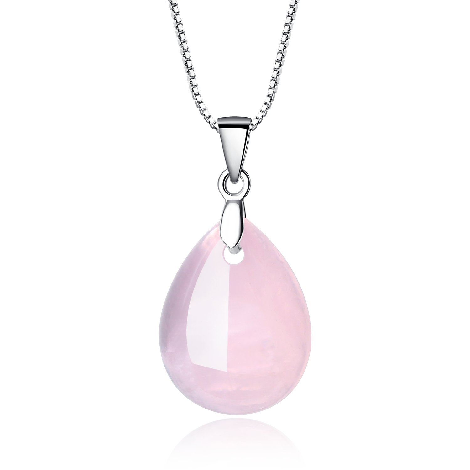 COAI 925 Sterling Silver Teardrop Stone Pendant Necklace (Rose Quartz)