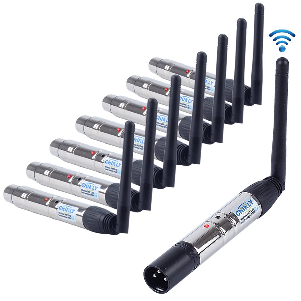 CHINLY 8pcs 2.4G DMX512 Wireless 1 Male Transmitter & 7 Female Receivers Control for Stage PAR Party Light