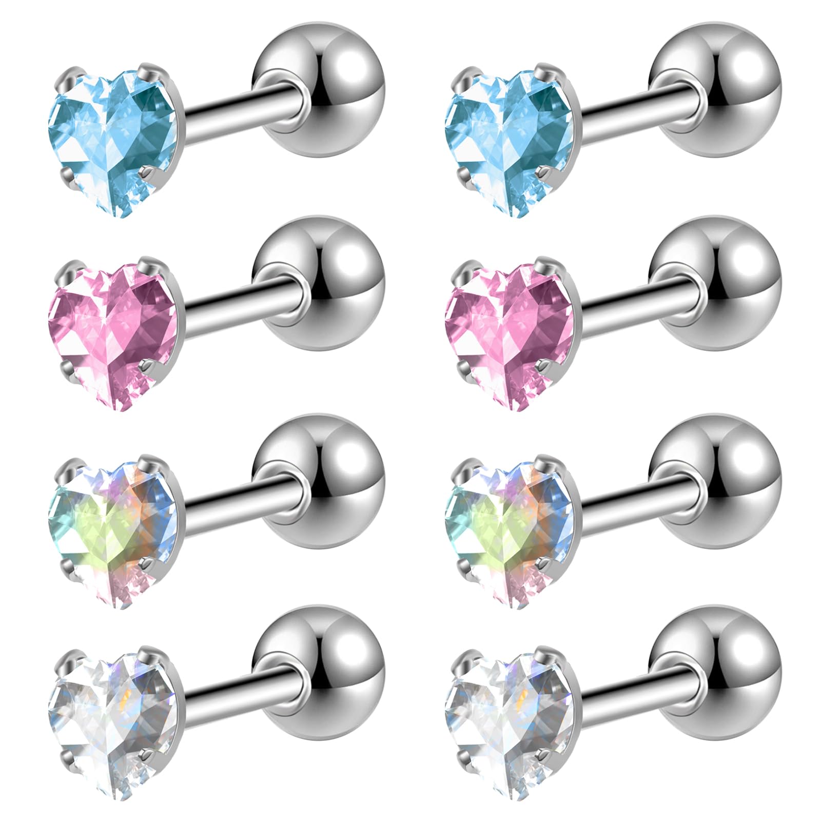 ZS 4 Pairs Shiny Cubic Zirconia Cartilage Earrings 16G Surgical Steel Stud Earrings Tragus Helix Conch Ear Piercing Sets (Heart,Stone:3mm)