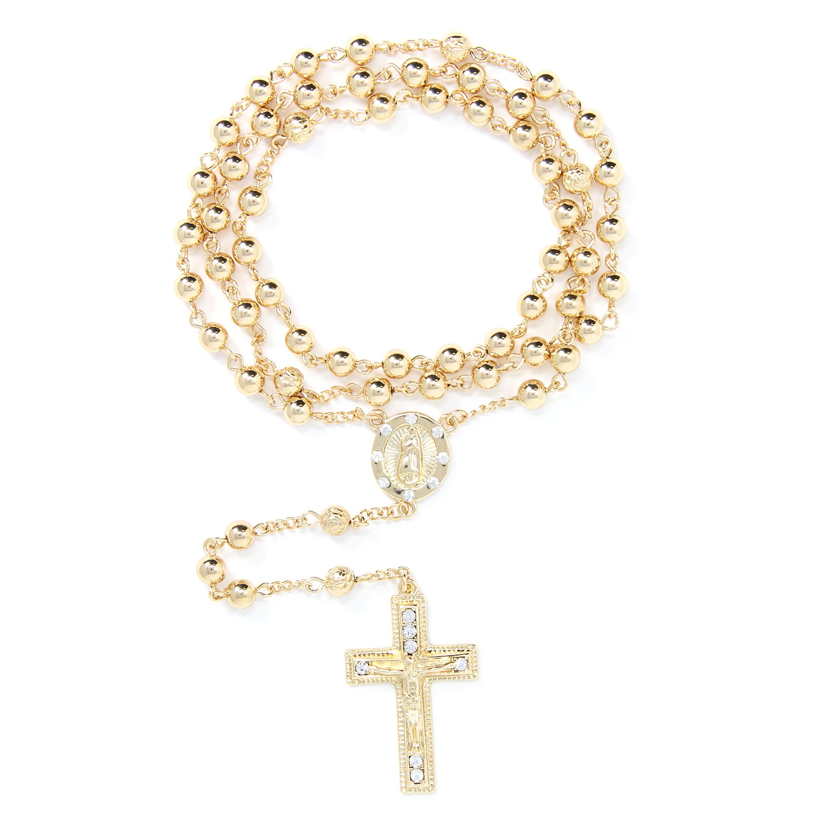 Me Plus 6mm CCB Beads Alloy Crucifix Cross Pendant Rosary Catholic Necklace 20" (R3G-GOLD)