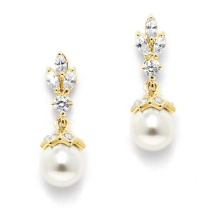 mariell pearl drop gold wedding earrings, 8mm ivory shell pearls, cubic zirconia crystal and pearl earrings for brides, bridesmaid, prom and mother of the bride