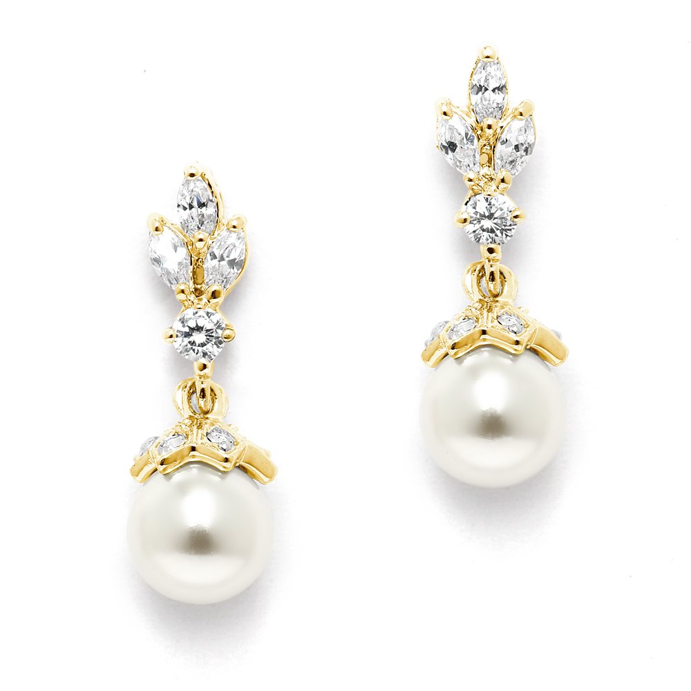 Mariell Pearl Drop Gold Wedding Earrings, 8MM Ivory Shell Pearls, Cubic Zirconia Crystal and Pearl Earrings for Brides, Bridesmaid, Prom and Mother of the Bride