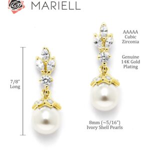 Mariell Pearl Drop Gold Wedding Earrings, 8MM Ivory Shell Pearls, Cubic Zirconia Crystal and Pearl Earrings for Brides, Bridesmaid, Prom and Mother of the Bride