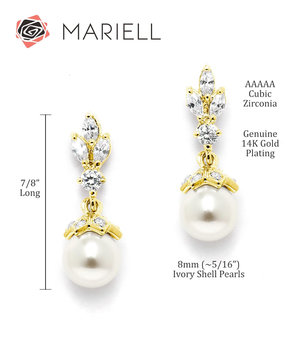 Mariell Pearl Drop Gold Wedding Earrings, 8MM Ivory Shell Pearls, Cubic Zirconia Crystal and Pearl Earrings for Brides, Bridesmaid, Prom and Mother of the Bride