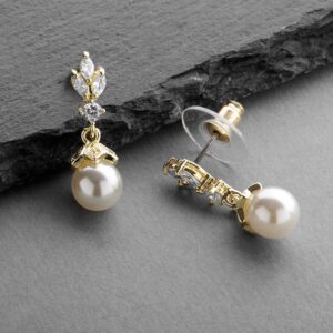 Mariell Pearl Drop Gold Wedding Earrings, 8MM Ivory Shell Pearls, Cubic Zirconia Crystal and Pearl Earrings for Brides, Bridesmaid, Prom and Mother of the Bride