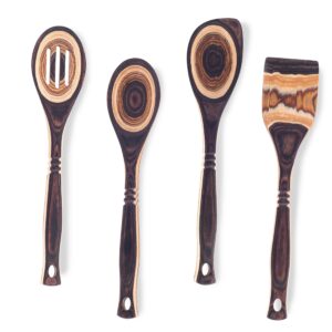 crate collective pakka wooden spoons set - exotic pakkawood utensils for serving & cooking - non-stick spoon, slotted spoon, corner spoon, and spatula for all cookware - lightweight & heat resistant