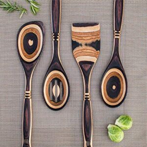 Crate Collective Pakka Wooden Spoons Set - Exotic Pakkawood Utensils for Serving & Cooking - Non-Stick Spoon, Slotted Spoon, Corner Spoon, and Spatula for All Cookware - Lightweight & Heat Resistant