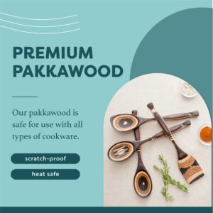 Crate Collective Pakka Wooden Spoons Set - Exotic Pakkawood Utensils for Serving & Cooking - Non-Stick Spoon, Slotted Spoon, Corner Spoon, and Spatula for All Cookware - Lightweight & Heat Resistant