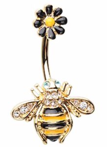 body accentz belly button ring golden queen bee black daisy navel ring 14 gauge 3/8'' bar