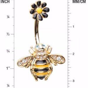 Body Accentz Belly Button Ring Golden Queen Bee Black Daisy Navel Ring 14 gauge 3/8'' bar