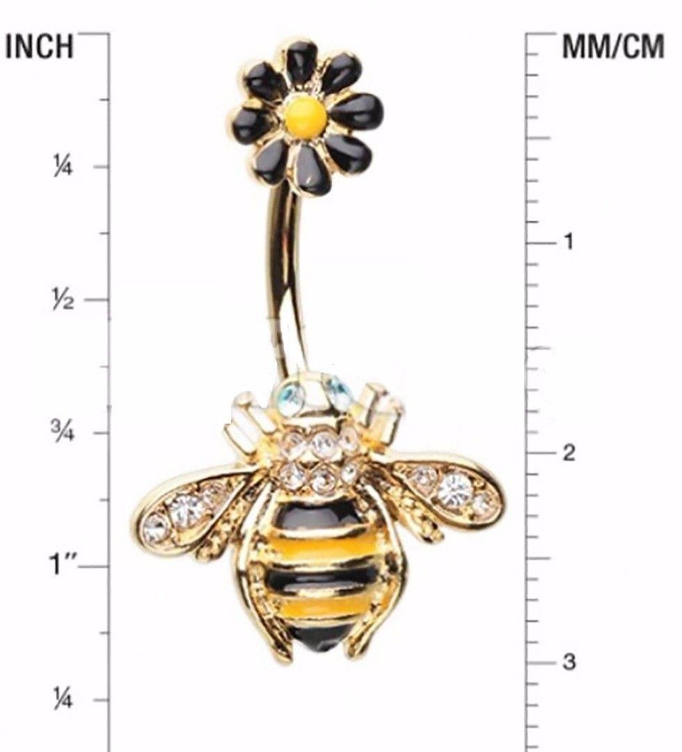 Body Accentz Belly Button Ring Golden Queen Bee Black Daisy Navel Ring 14 gauge 3/8'' bar