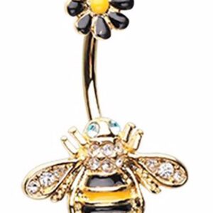 Body Accentz Belly Button Ring Golden Queen Bee Black Daisy Navel Ring 14 gauge 3/8'' bar