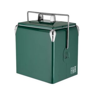 Foster & Rye Stainless Steel Retro Cooler, Vintage Metal cooler, Antique Beverage Chiller and Ice Chest, Plastic Lined Drink Chest, Mounted Bottle Opener, Holds a 6-pack, Green