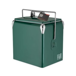 Foster & Rye Stainless Steel Retro Cooler, Vintage Metal cooler, Antique Beverage Chiller and Ice Chest, Plastic Lined Drink Chest, Mounted Bottle Opener, Holds a 6-pack, Green