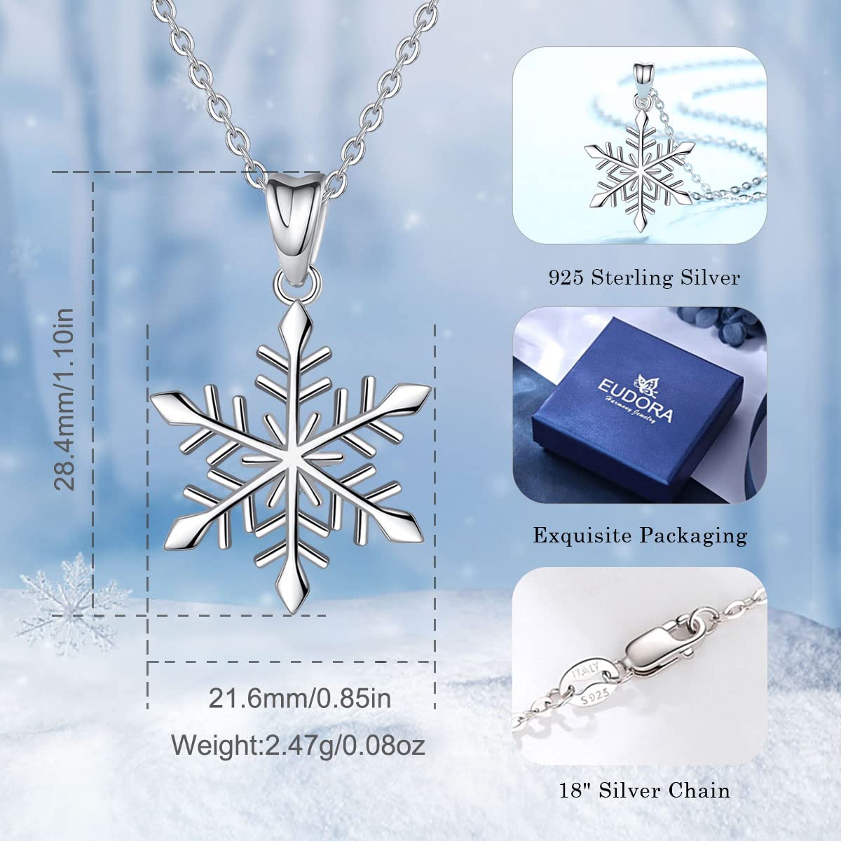 EUDORA Sterling Silver Snowflake Pendant Necklace Elegant Snow Gift for Women, 18" Rolo Chain